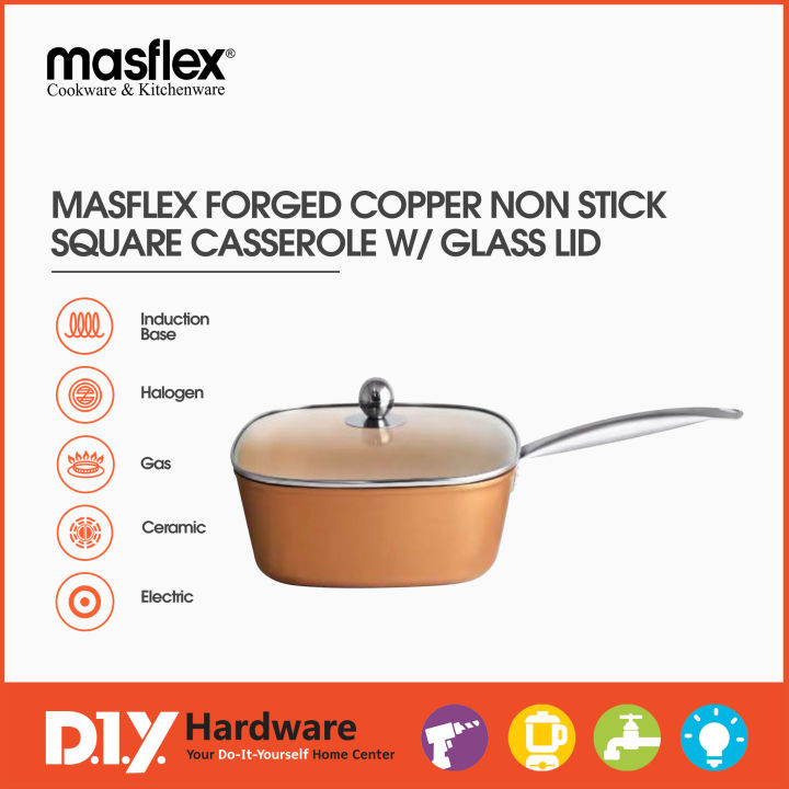 Masflex Forged Copper Non Stick Induction Square Casserole w/ Glass Lid ...