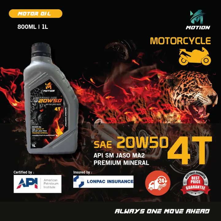 MOTION 20W50 4T 1L Mineral Motorcycle Engine Oil API SN JASO MA2 Minyak Pelincir Motor Motosikal ...