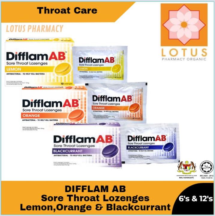 DIFFLAM AB SORE THROAT LOZENGES - LEMON | ORANGE | BLACKCURRANT - 6's ...