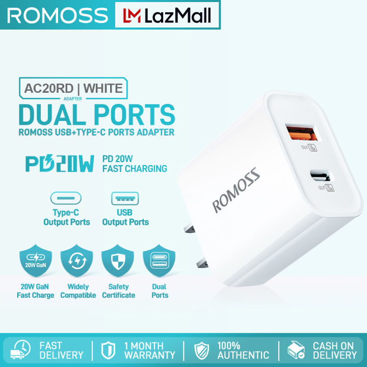 Romoss AC20RD 20W Fast Charging Charger USB/Type-C Dual Port Wall ...