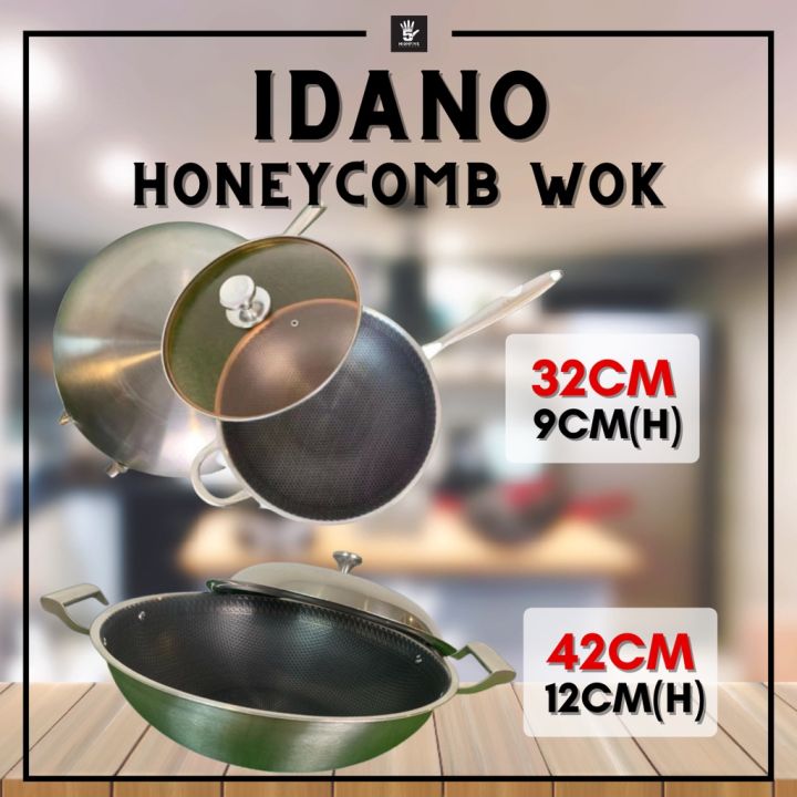 IDANO 316 Stainless Steel Wok 32cm & 42cm PREMIUM STAINLESS STEEL Wok Non-stick honeycomb wok ...