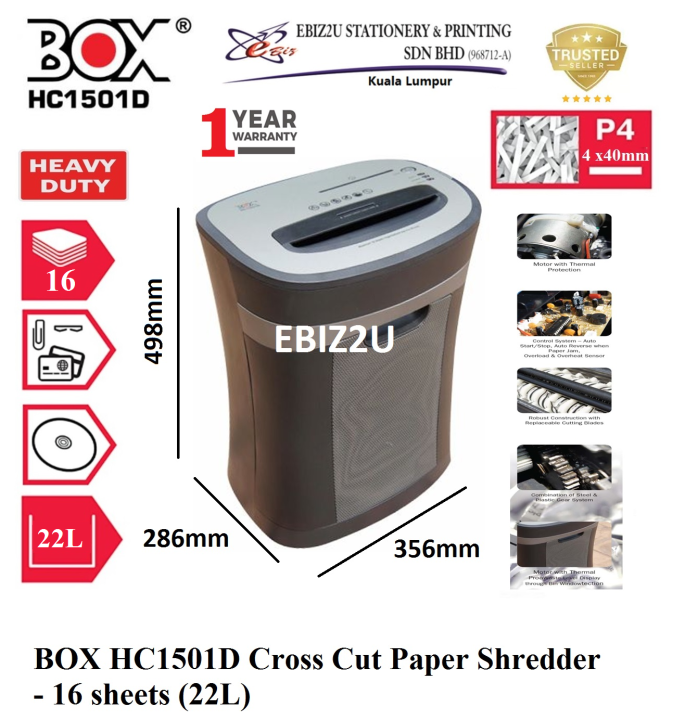 BOX HC1501D Cross Cut Paper Shredder - 16 sheets (22L) (Cross Cut ...