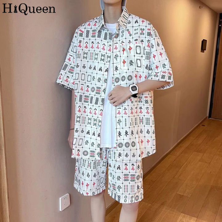 HiQueen Men Fun Mahjong Full Printing Shirt Shorts Summer Thin Lapel ...