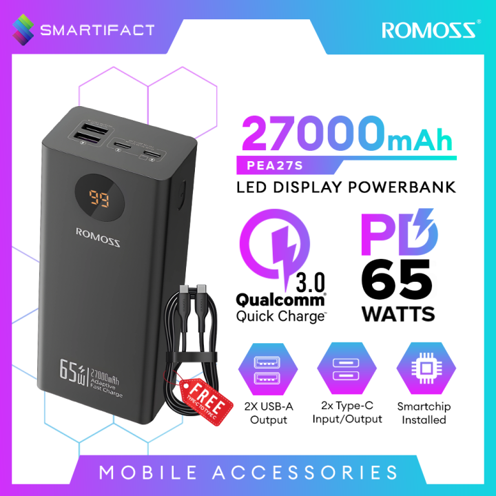Romoss PEA27S 27000mAh Power Bank 65W Two-way Quick Charge Fast Charging Powerbank Type-C ...