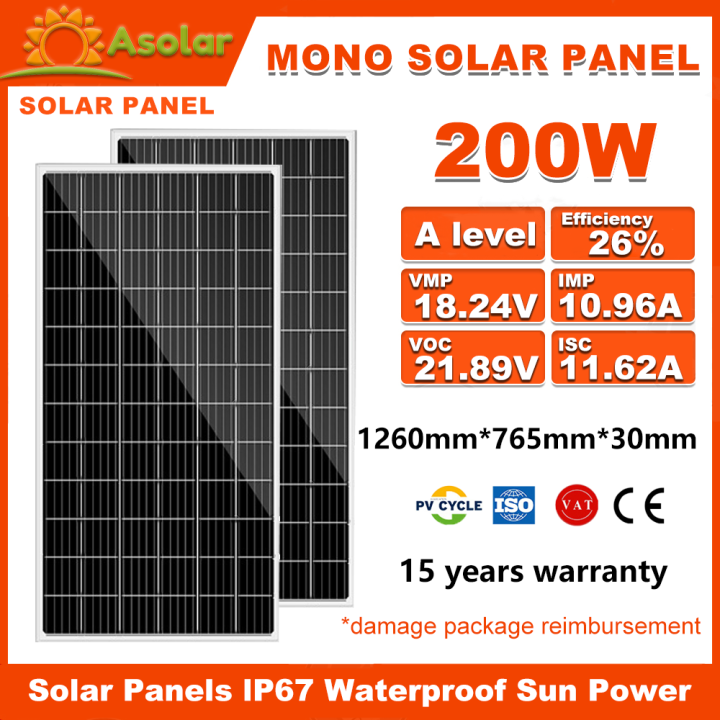 ASOLAR Solar Panel 200Watts MONOCRYSTALLINE 12BB Solar Panel 200W ...