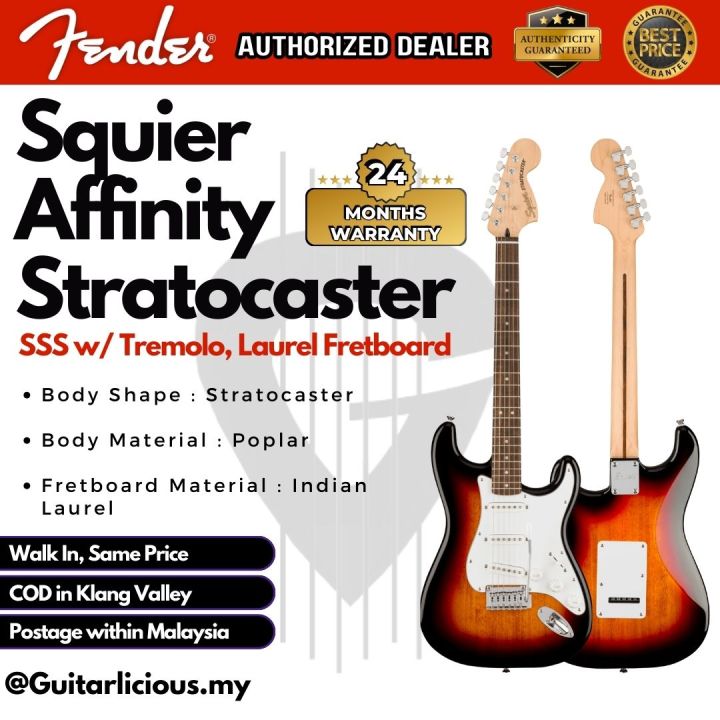 FENDER Squier Affinity Series Stratocaster Single (SSS) with Tremolo Electric Guitar, Laurel FB ...