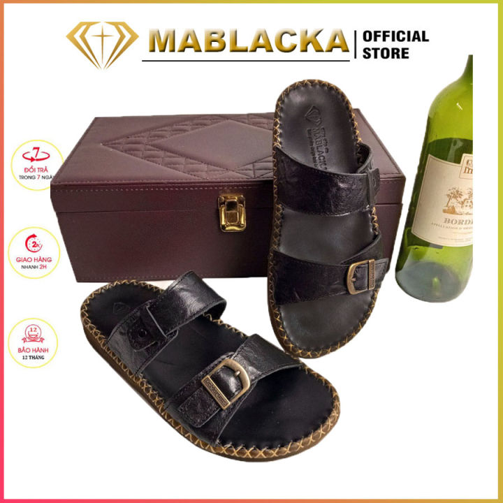 Dép nam da bò quai ngang thời trang cao cấp MABLACKA màu Đen đế cao ...