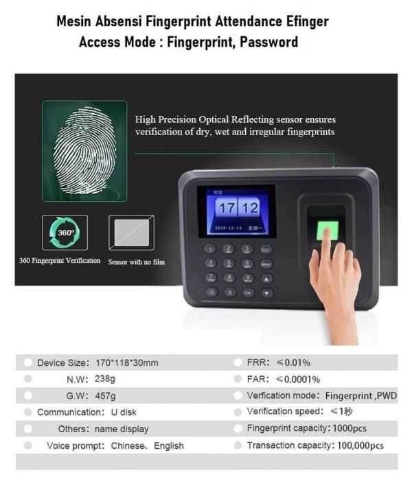 Mesin Absensi Fingerprint Sidik Jari Attendance Efinger | Lazada Indonesia
