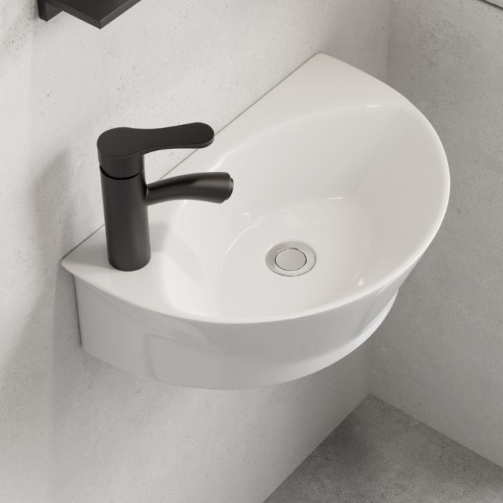 [With Drainer] Ceramic Counter Wall Lavatory Corner Basin Wall hung ...