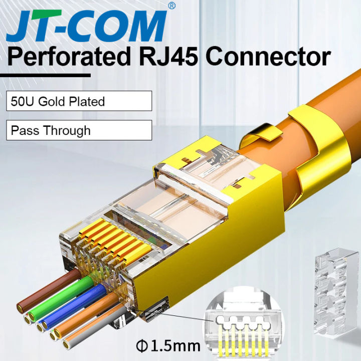 JT-COM 10/50/100pcs CAT5E CAT6 CAT7 Plug RJ45 Connector 50U Gold Plated End Pass Through Network ...