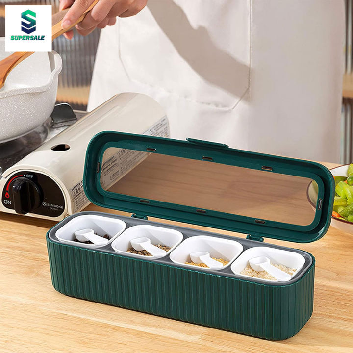 SS - 4 Grids Condiment Box With Spoon Seasoning Storage Box Organizer ...