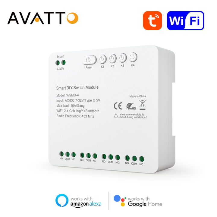 AVATTO WiFi 4ช่องสวิตช์อัจฉริยะโมดูล,7-32V/85-250V RF 433รีเลย์รีโมท ...