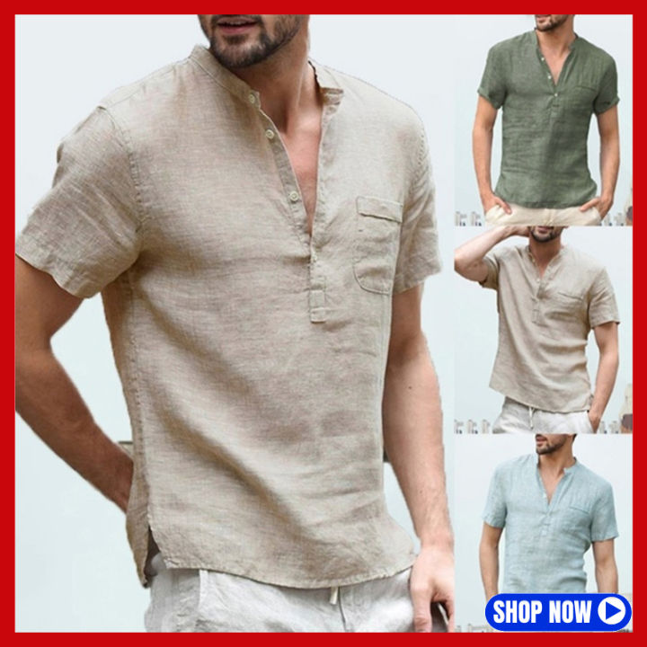FAWORK Mens Cotton Linen Henley Shirts Short Sleeve Beach Yoga Summer Solid T Shirt Tops | Lazada