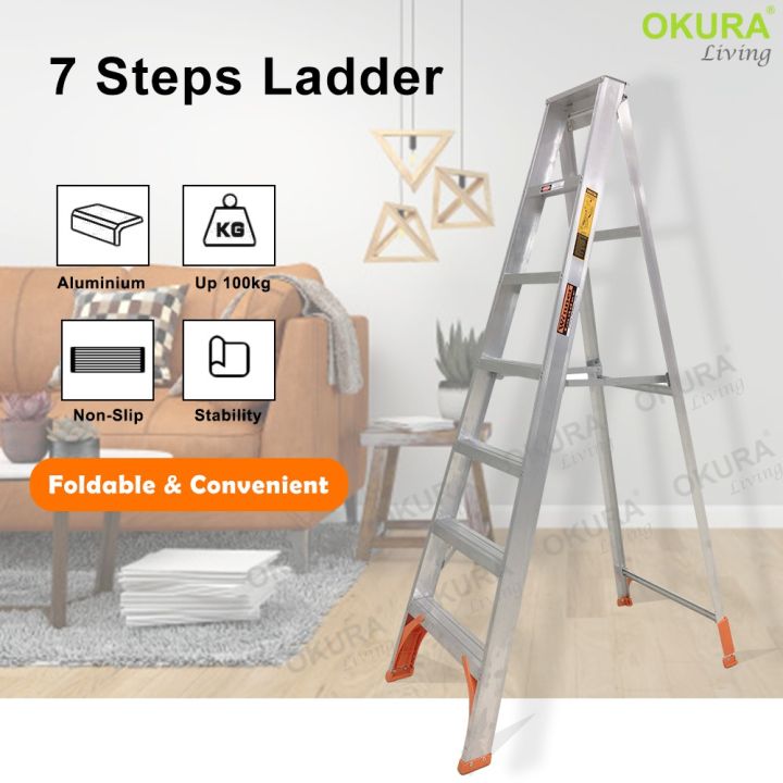OKURA 6 Step / 7 Step Single Side Ladder MULTI-PURPOSE HOUSEHOLD Aluminium Folding Ladder Tangga ...