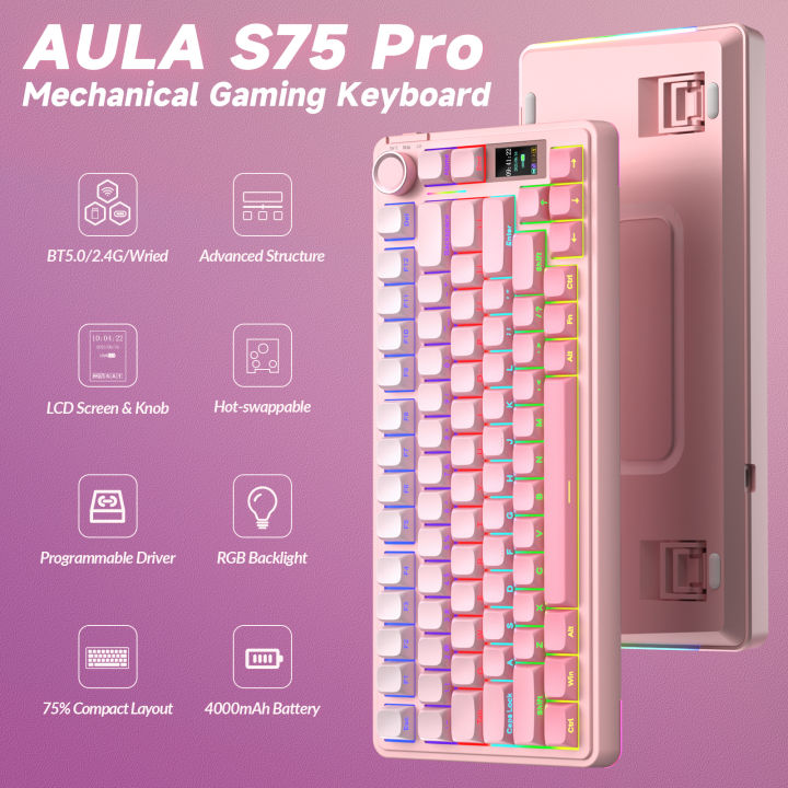 AULA S75 Pro Tri-mode Customized Mechanical Keyboard With Display Screen Wired/Bluetooth/2.4G ...