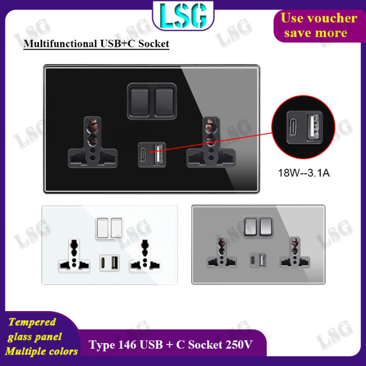 Dinding soket elektrik dipasang dengan port USB dan jenis-c, pengecasan ...