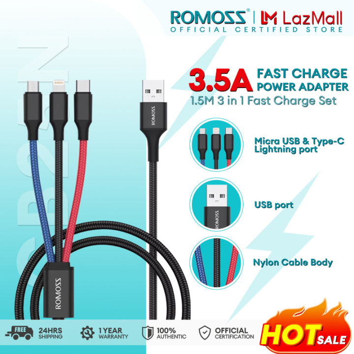 Romoss CB25 1m/1.5m 3-in-1 Data Cable 3A/3.5A High Current Fast ...