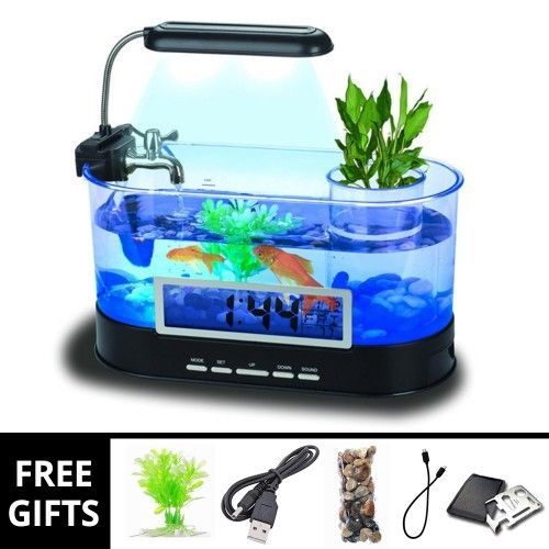 USB Desktop Mini LED Aquarium Fish Tank Stationery Case & Clock Alarm ...