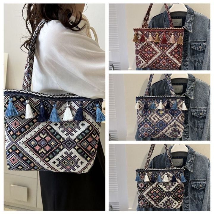 SHEHE สไตล์จีนจีน กระเป๋าสะพายไหล่สไตล์ชนเผ่า พู่พู่ห้อย กระเป๋าเงิน ...