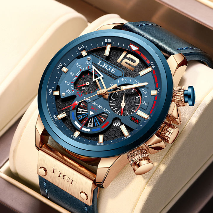 LIGE watch for mans Leather Strap Waterproof Chronograph Sports Jam ...