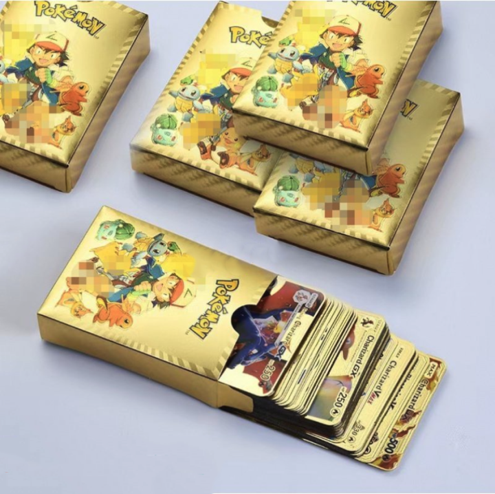 55pcs/27pcs Metal Gold Silver Pokemon Cards English Charizard Pikachu ...