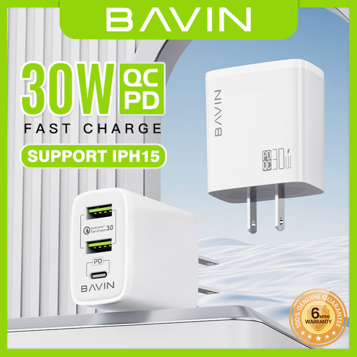 BAVIN PC907 PD Fast Charging 30W Adapter Charger Dual USB Qualcomm 3.0 and USB-C Port Type-C ...