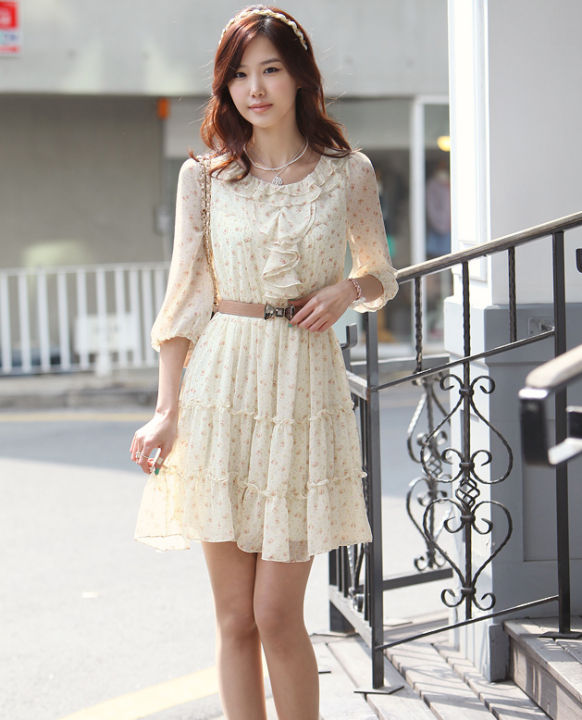 Dress Up House รหัส 565 ชุดเดรสชีฟอง ลายดอกไม้ - สีเหลืองครีม (พร้อม ...