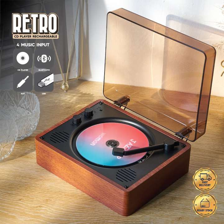 Portable Retro CD Player Bluetooth USB AUX (Transparent Lid ...
