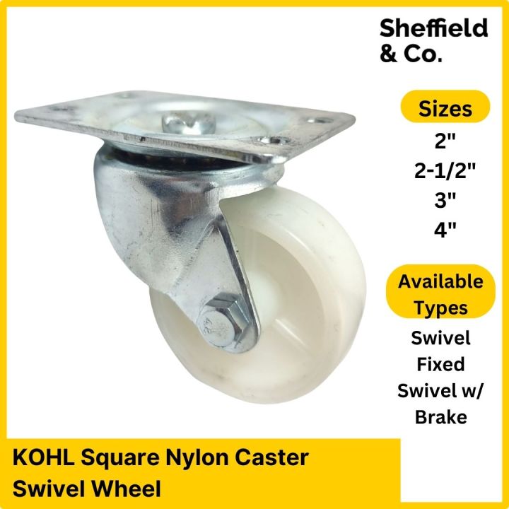 KOHL Caster, Square Nylon Wheel (Swivel, Fixed, Swivel w/ Brake) (2", 2 ...