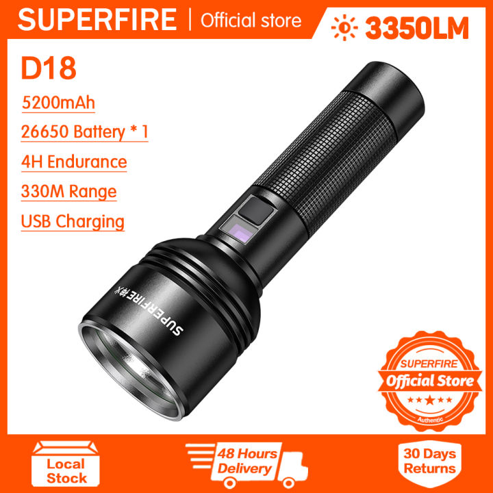 SUPERFIRE D18 LED flashlight Ultra Bright USB Charge 26650 Battery ...