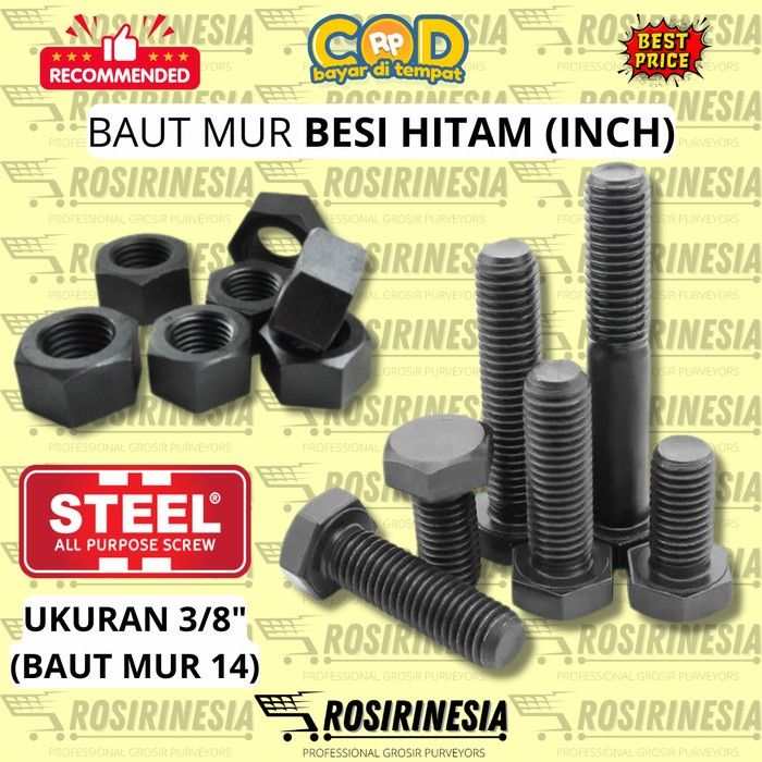 (5pcs) BAUT MUR HEX Kunci 14 - 3/8" X (UKURAN TINGGAL PILIH) UNC Besi ...