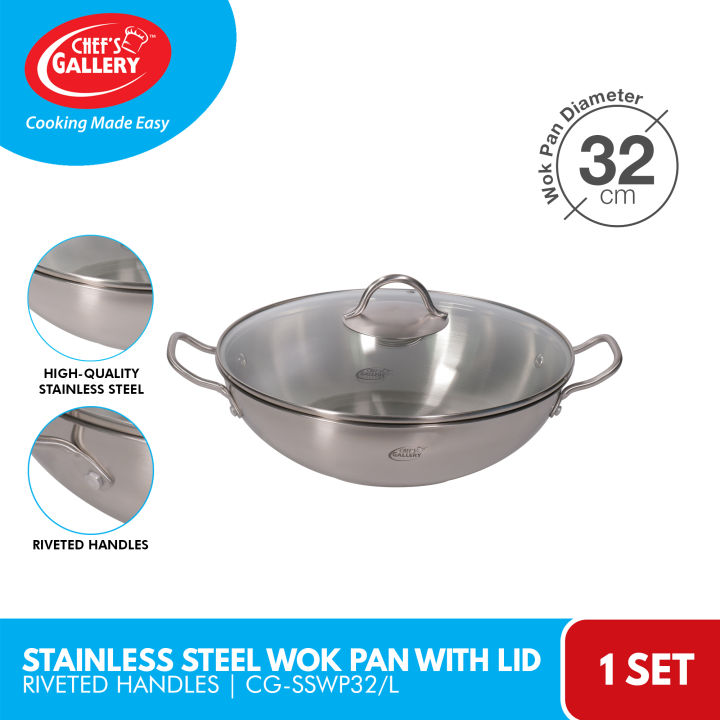 Chef's Gallery Stainless Steel Wok Pan With Lid 32cm | Induction Ready ...