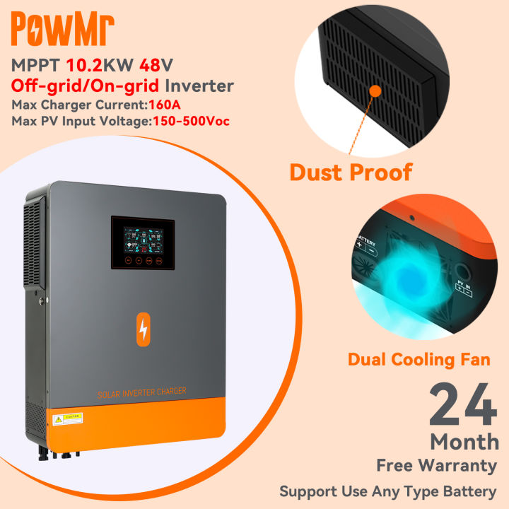 PowMr 10.2kw On-grid/Off-grid hybrid inverter 48Vdc 230VAC PV Panel Input 500vdc Pure Sine Wave ...
