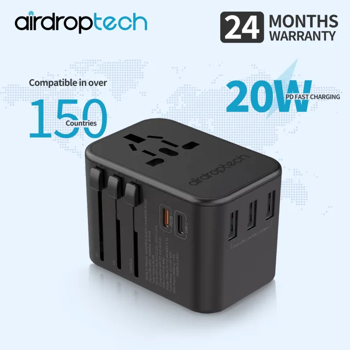 AIRDROPTECH 35.5W PD QC3.0 Type-C + 3 USB Port Quick Charge Universal Travel Adapter Wall ...
