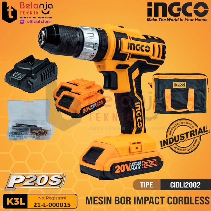 Ingco Impact Drill Cordless 20V Mesin Bor Baterai Beton 10MM CIDLI2002 ...