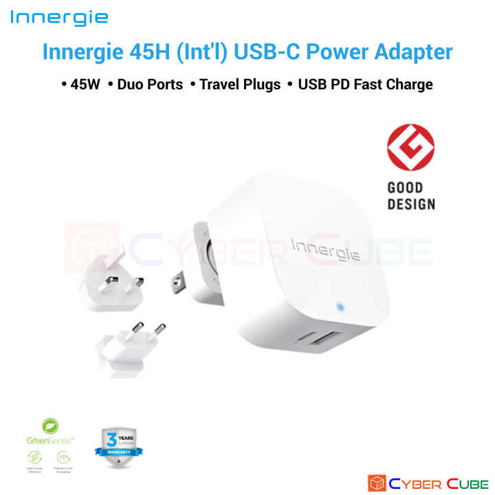 Innergie 45H (Int'l) USB-C Power Adapter 45W (White) - Duo Ports (USB-C ...