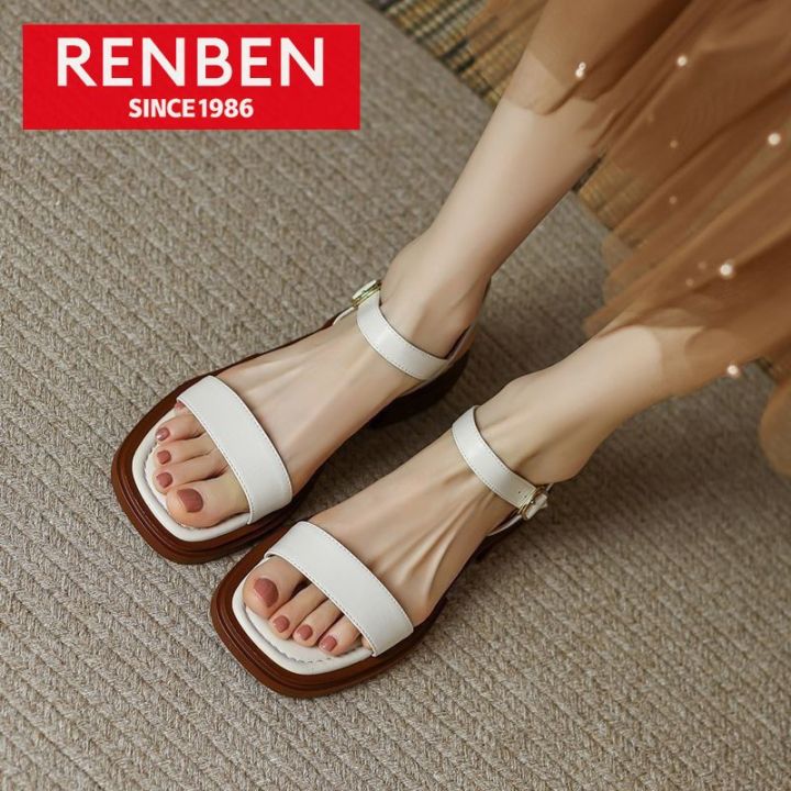 RENBEN รองเท้าแตะเปิดหัวรองเท้าแบบสายรัดที่มีส้นสี่เหลี่ยมย้อนยุค,รองเท้าซิงเกิ้ลอเนกประสงค์พื้น ...