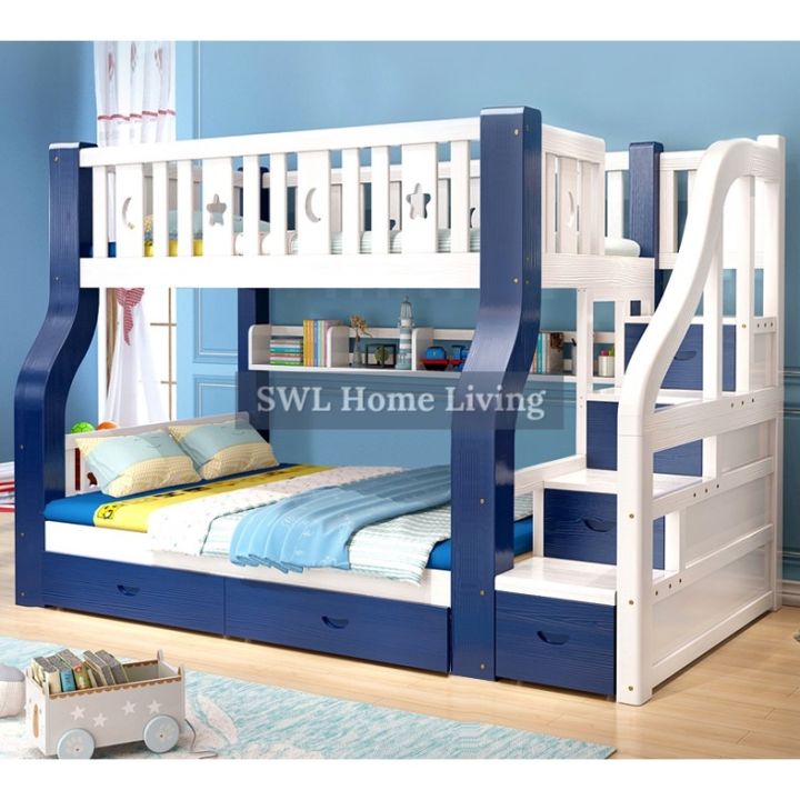 👨‍👩‍👧‍👦 Solid Wood Double Decker Bunk Bed Katil Dua Tingkat Cabinet ...