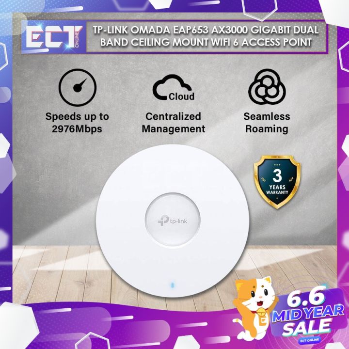 TP-Link Omada EAP653 AX3000 Gigabit Dual Band Ceiling Mount Wifi 6 Access Point with PoE+ ...