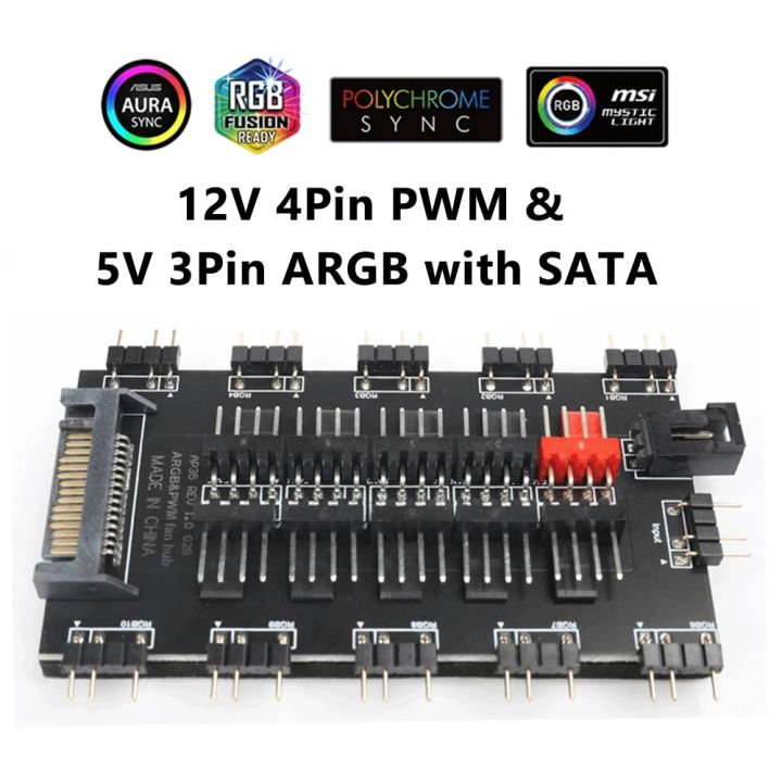 【Free Returns】 Argb Pwm 5 Way Fan Hub 12v 4pin Pwm 5v 3pin Argb 2-In-1 Hub Sata Power Supply Rgb ...