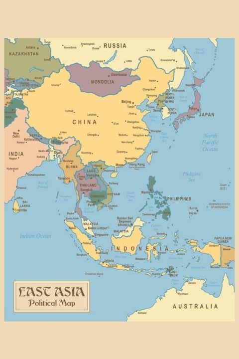 HD High Quality Vintage Map of East Asia Travel World Map with Cities ...