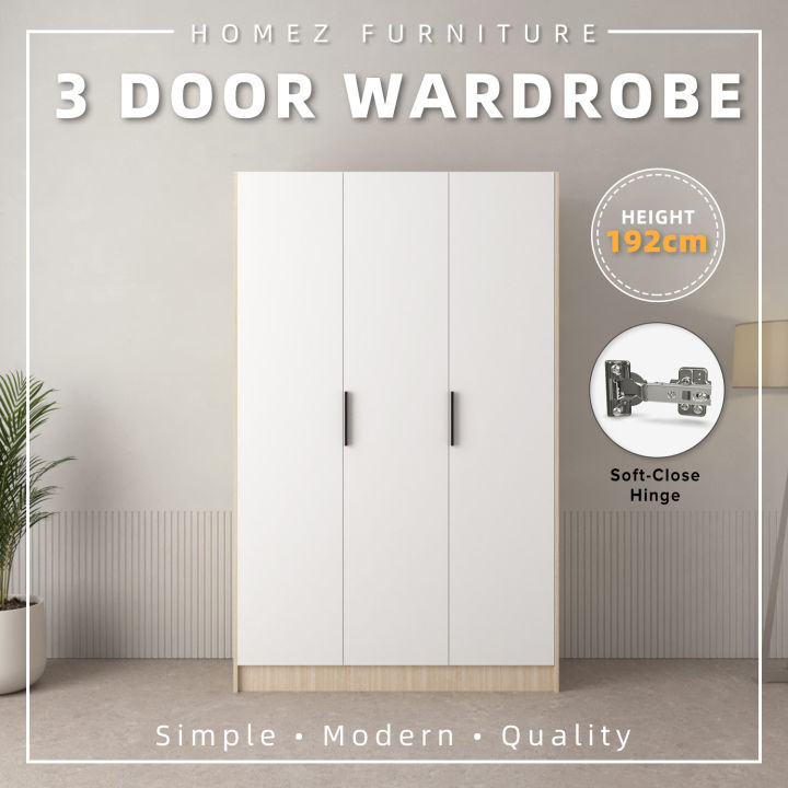 KitchenZ Jordan Series 192cm Height 3 Door Wardrobe With Soft Close ...