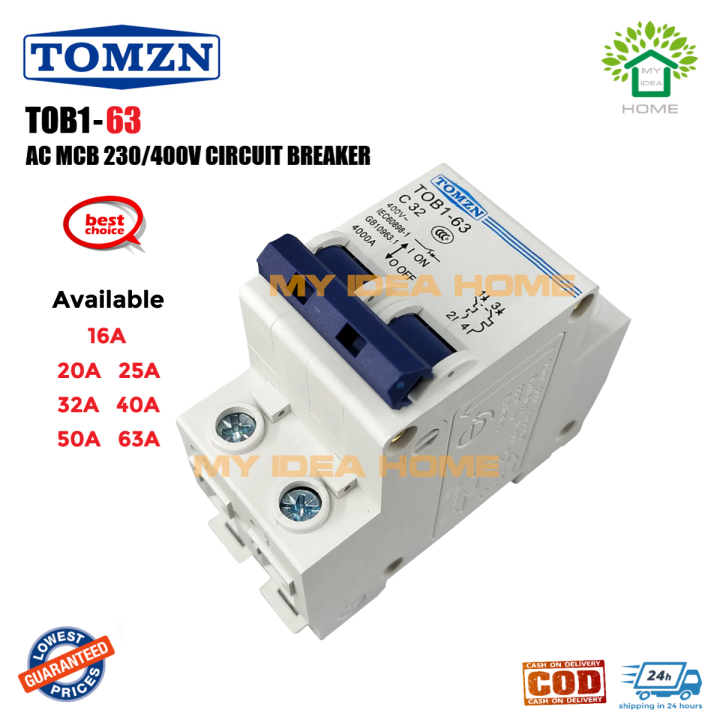 TOMZN MCB 2P AC C type 230/400V~ 50HZ/60HZ Mini Circuit breaker 10/16/20/25/32/40/50/63A TOB1-63 ...