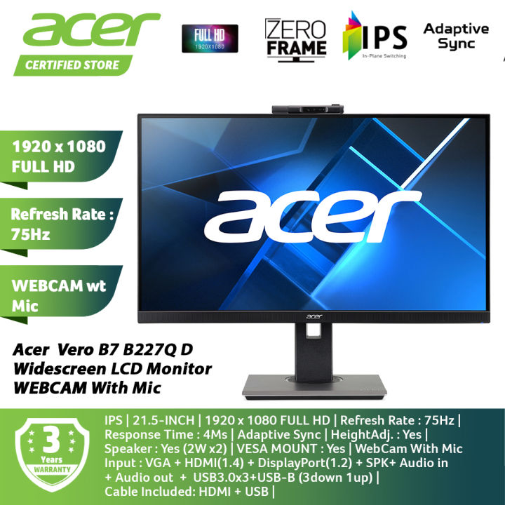 Acer Vero B7 B227Q D 21.5-INCH Widescreen LCD Monitor WEBCAM With Mic ...