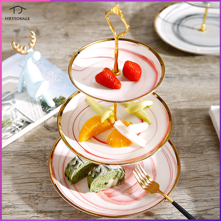 HKStorage European style gold border marble ceramic three-layer fruit ...