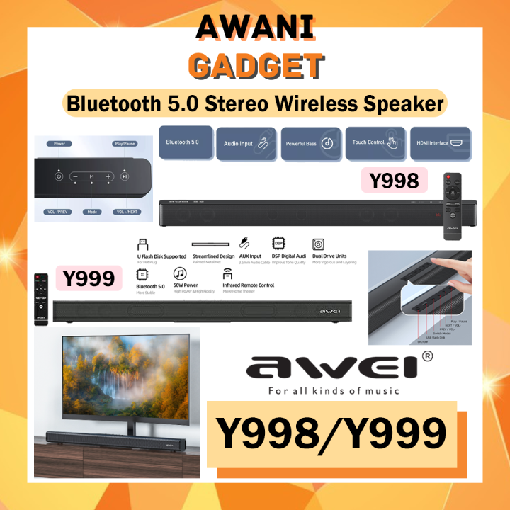 Original AWEI Y998/Y999 Wireless Bluetooth 5.0 Soundbar Stereo Speaker 50W TV Home Theater HDMI ...
