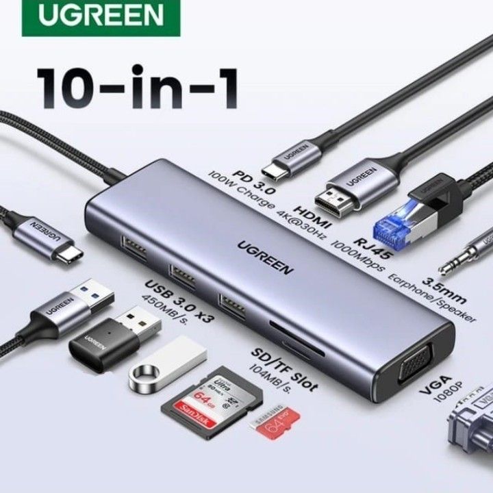 Ugreen Hub 10in1 Usb type c To Rj45 HDMI 4K VGA Multifunction 15601 ...