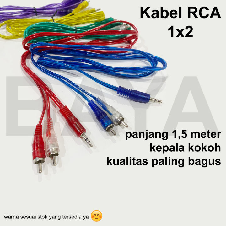 Kabel Audio RCA 1x2 jek Jack 3,5mm 1,5m AUX 1 ke 2 warna biru merah hijau kuning ungu hitam 1-2 ...