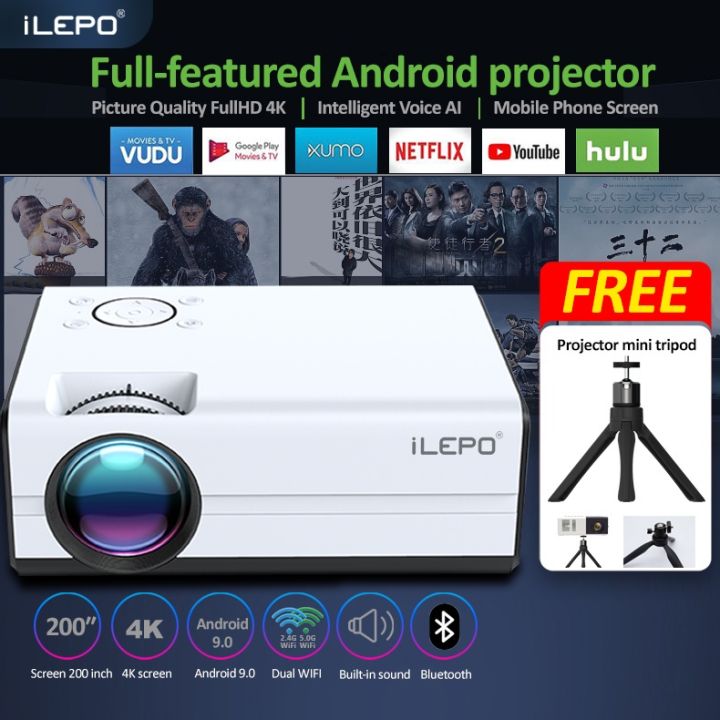 Android 9.0LCD iLEPO Projector 6000 lumens 200 inch screen Double WIFI ...