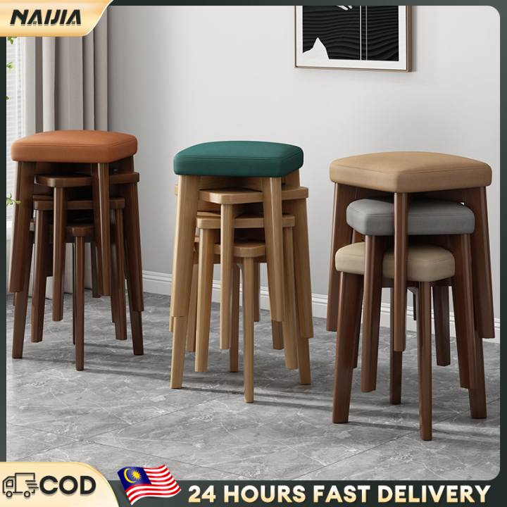 NAIJIA Solid Wood Stool with Soft Cushions Bangku Kayu Kecil Persegi ...